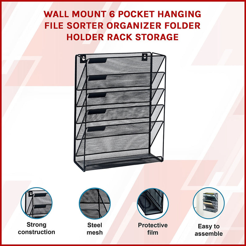 Wall Mount 6 Pocket Hanging File Sorter Organizer Folder Holder Rack ...