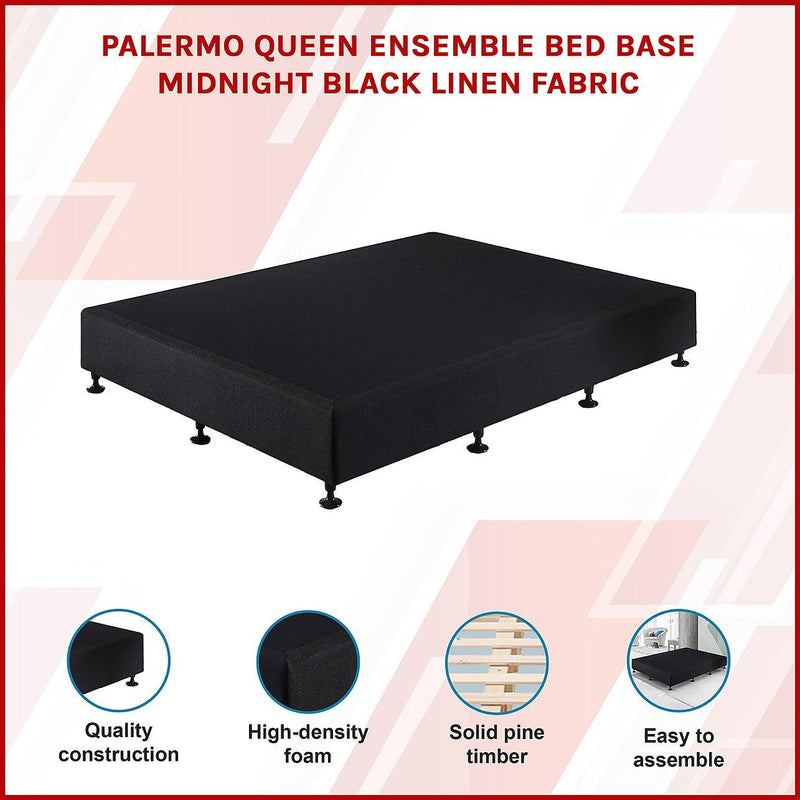 Palermo Queen Ensemble Bed Base Midnight Black Linen Fabric - Queen ...