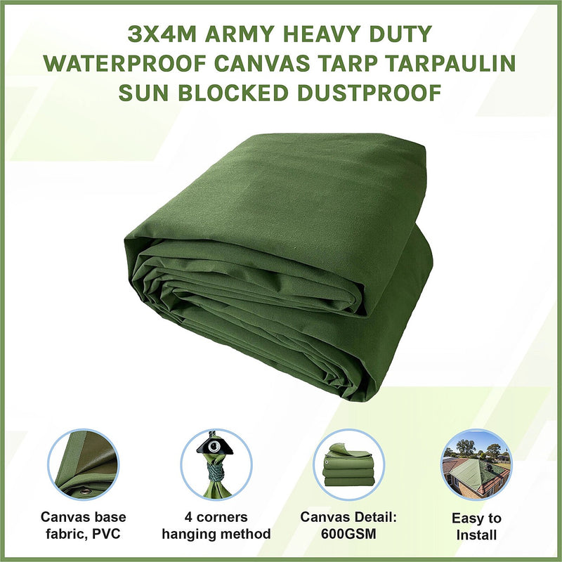 3x4M Army Heavy Duty Waterproof Canvas Tarp Tarpaulin Sun Blocked ...