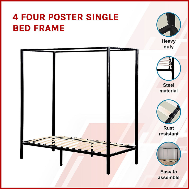 4-Poster Single Bed Frame – Sturdy Black Modern Canopy Bed for Bedroom ...