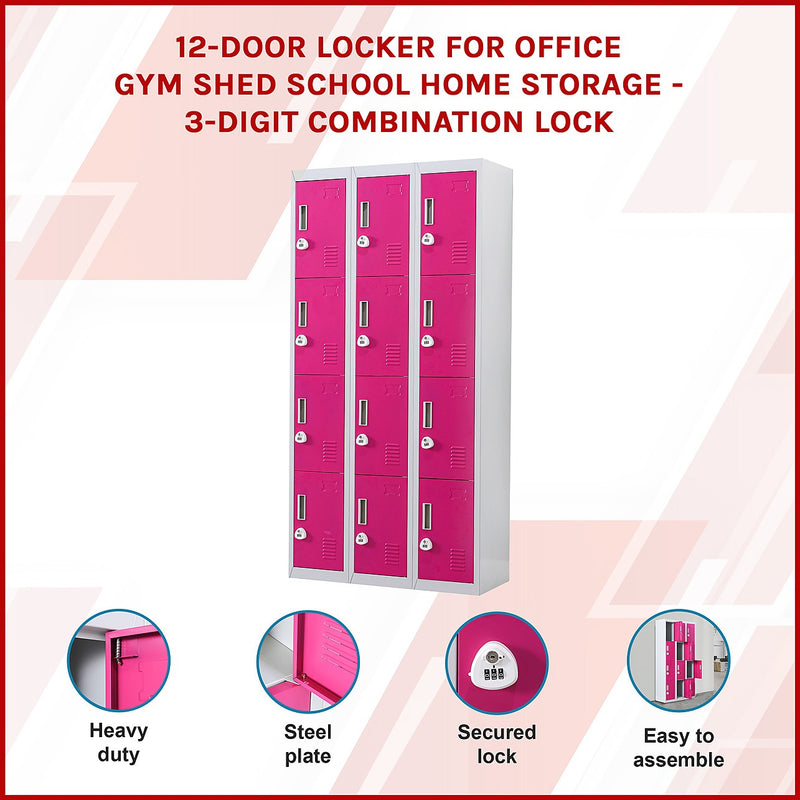 12-Door Steel Locker – Grey with Pink Door | 360kg Capacity | 3-Digit ...