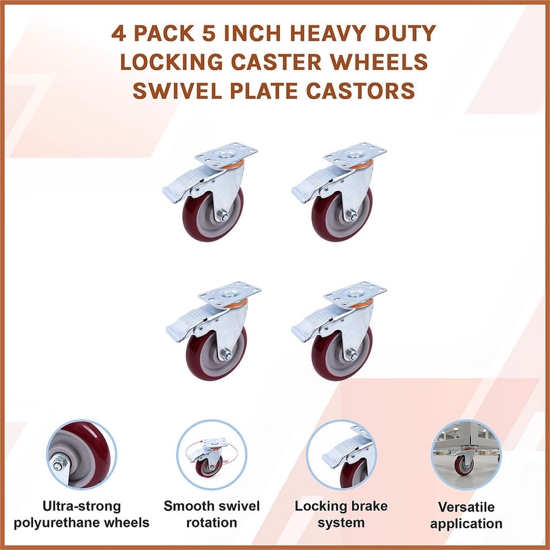 5 Inch Heavy Duty Locking Castor Wheels 4 Pack | FactoryFast.com.au