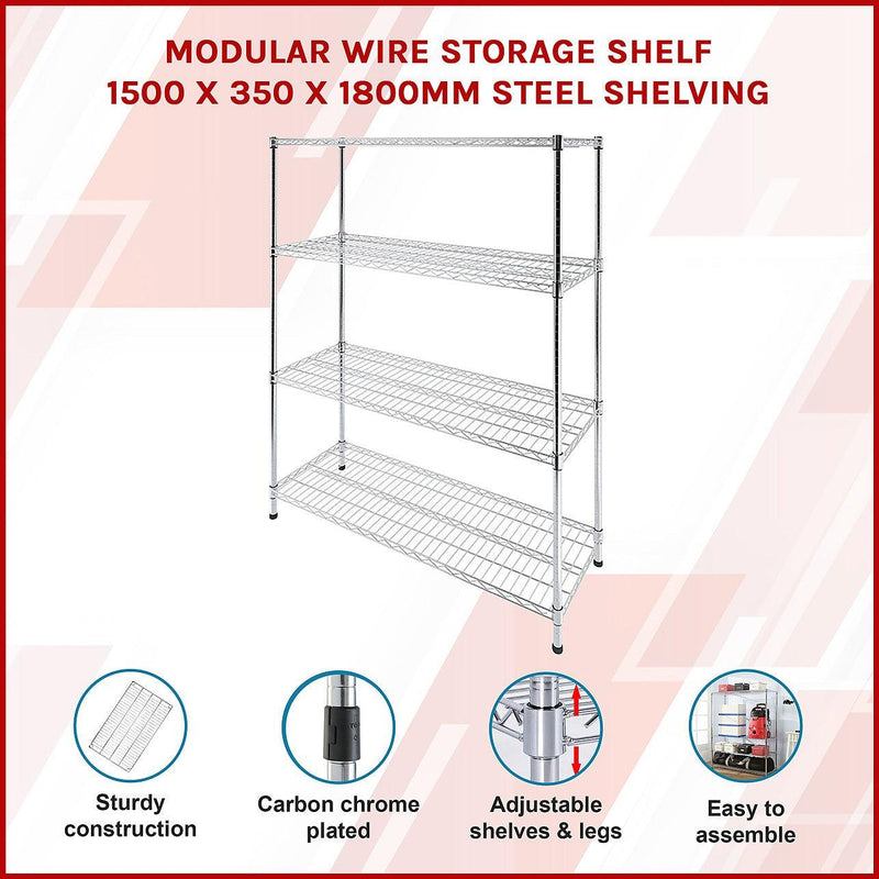 Modular Wire Storage Shelf 1500 x 350 x 1800mm Steel Shelving - Carbon ...