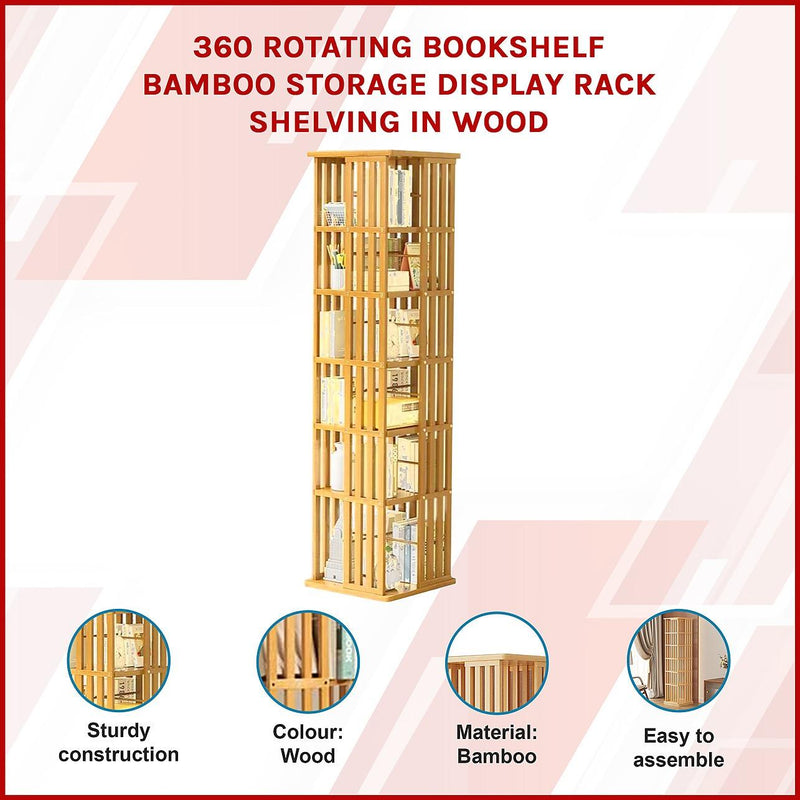 360 Rotating Bookshelf Bamboo Storage Display Rack Shelving - Wood ...