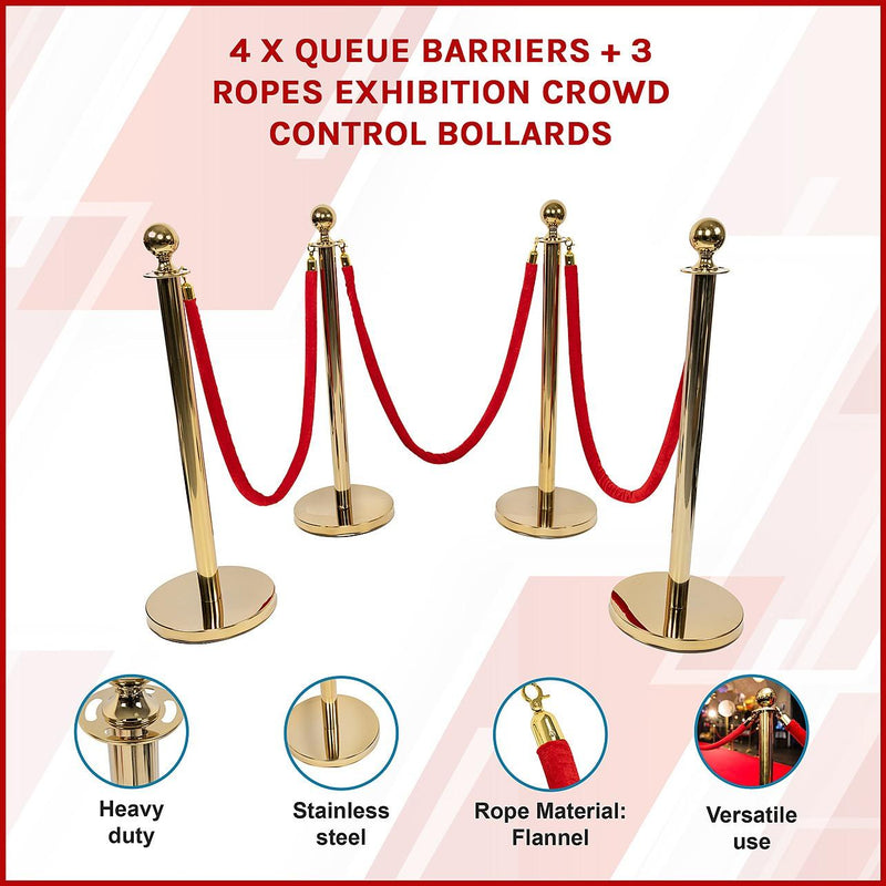 4 x Queue Barriers + 3 Ropes Exhibition Crowd Control Bollards | Home ...