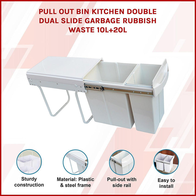 Kitchen Double Slide Pull Out Bin for Garbage Rubbish Waste 10L+20L ...