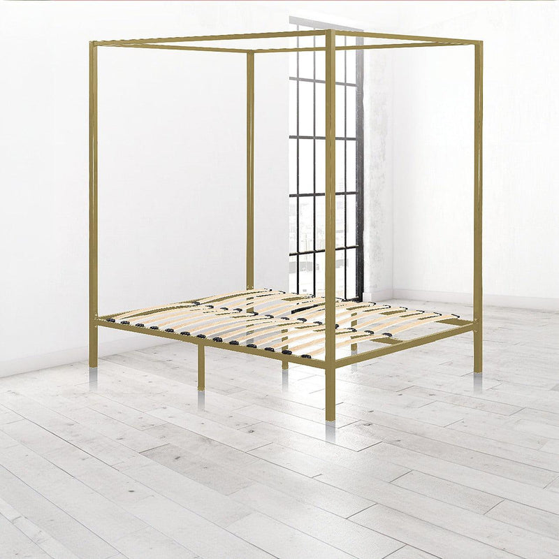 4-Poster Double Bed Frame – Sturdy Gold Modern Canopy Bed for Bedroom ...