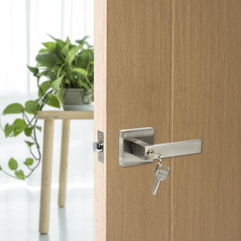 Door Handle Set Lever Key Lock Function Square Satin Nickel - Key Lock ...