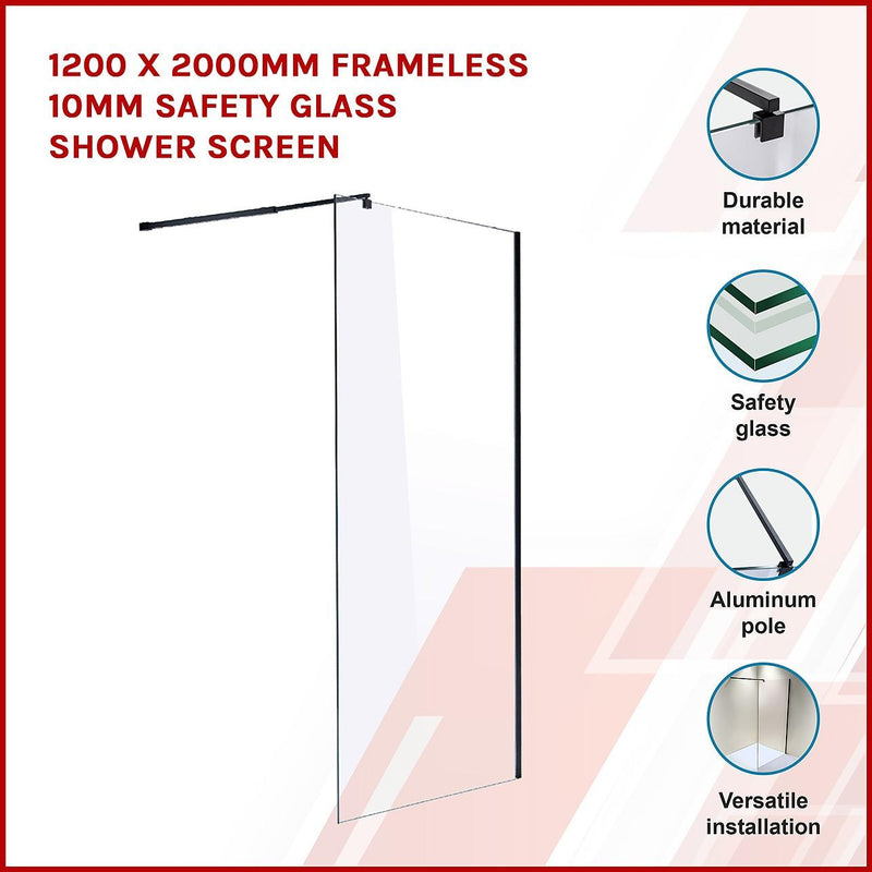 120 x 200cm Frameless Glass Shower Screen in Square Black - 120 x 200cm ...